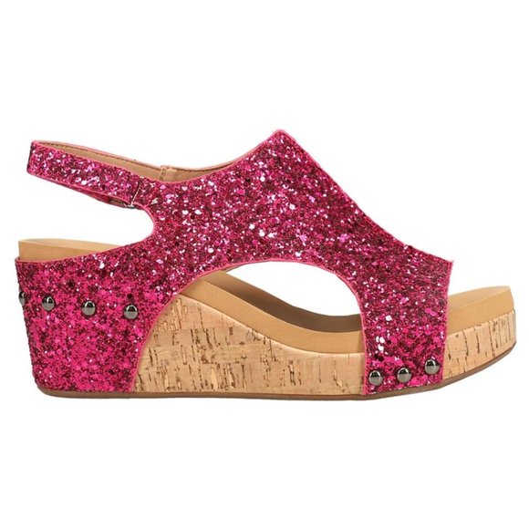 Corkys | Shoes | Corkys Carley Glitter Peep Toe Wedge Sandals Fuchsia ...